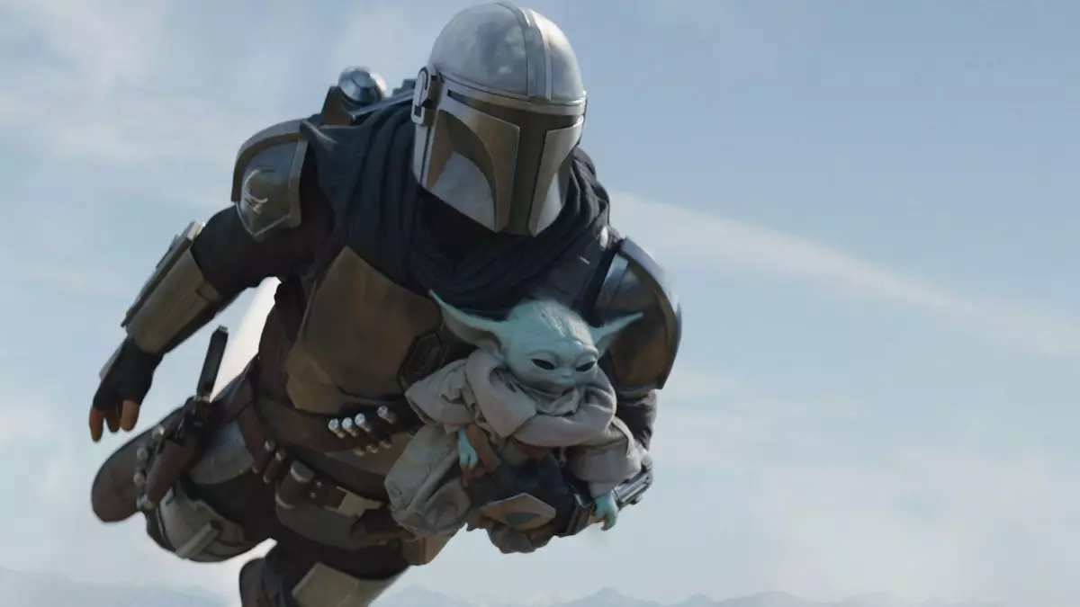 der mandalorianer und baby yoda fliegen