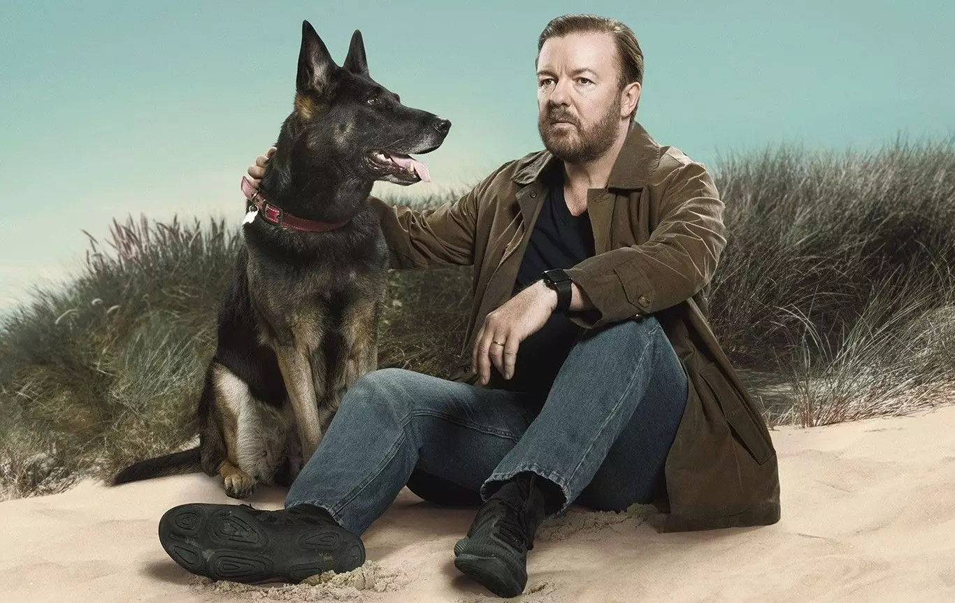 رجل يجلس على الشاطئ مع كلبه في مسلسل بعد الحياة