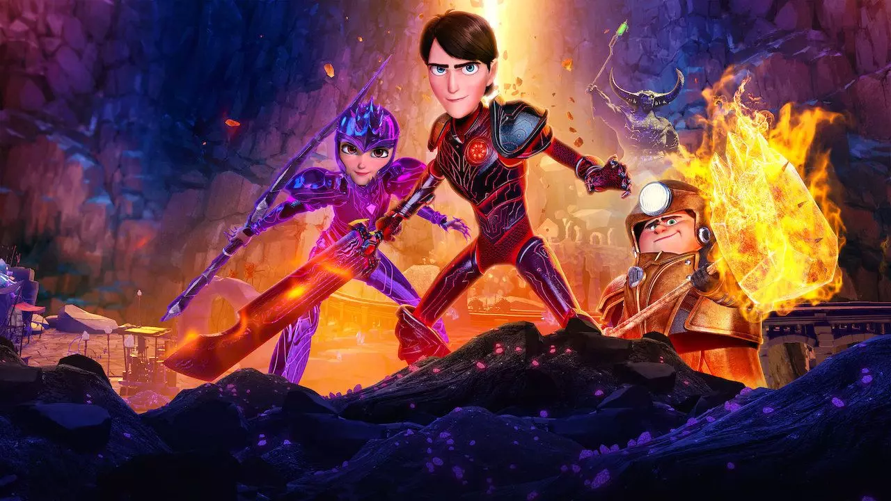 tres amics lluiten amb armadura entre el foc a trollhunters