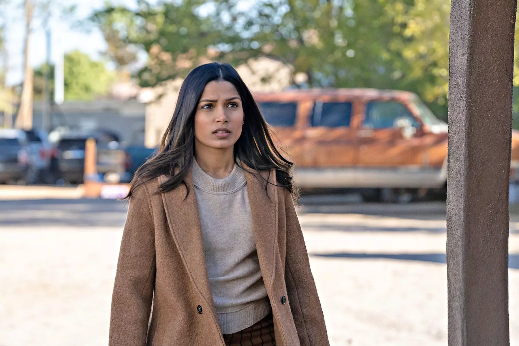 freida pinto，扮演 meera，她在 netflix 電影入侵中的角色，一臉擔憂