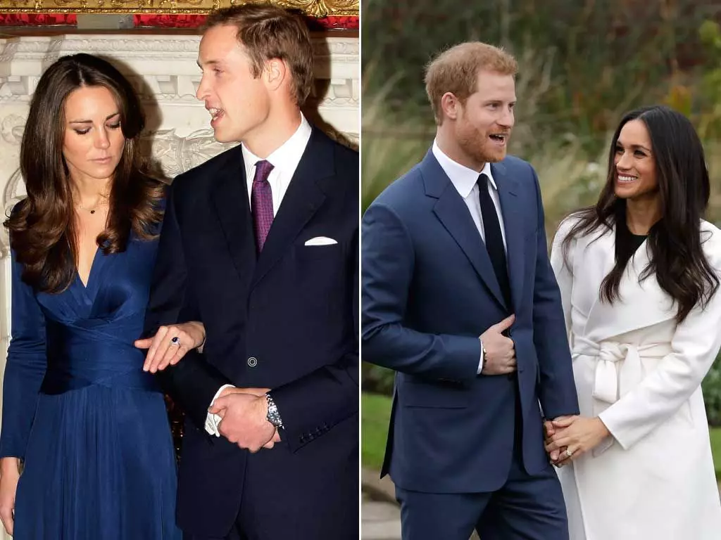 Príncipe William e Kate Middleton; e o príncipe Harry e Meghan Markle em sua proposta