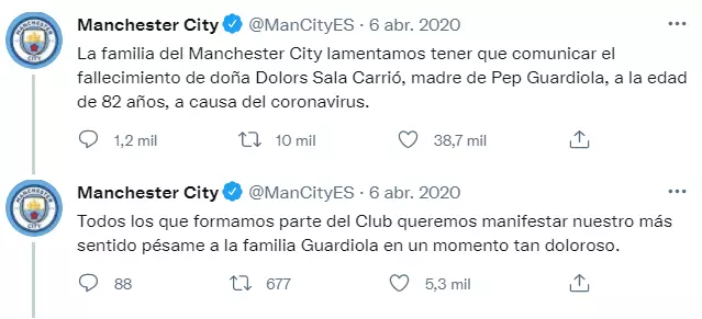 et tweet fra Manchester City-kontoen, der annoncerer døden af Pep Guardiolas mor, Dolors Sala