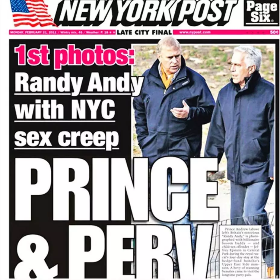 Front page ng 'The New York Post' mula 2011 na nagpapakita kay Andrew mula sa England kasama si Jeffrey Epstein na hinatulan ng pedophilia