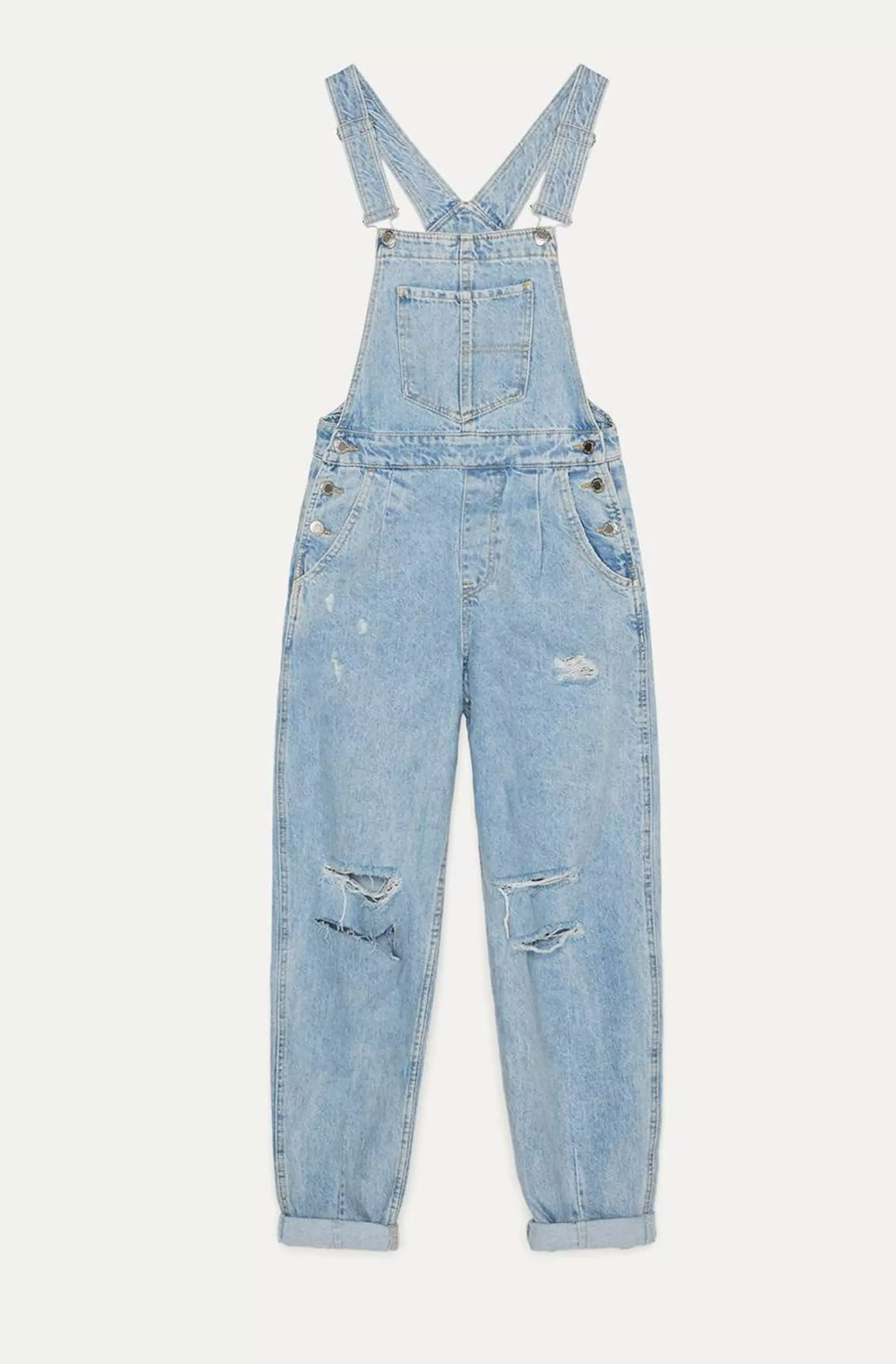 overalls denim ing biru sakabeheng, dening bershka