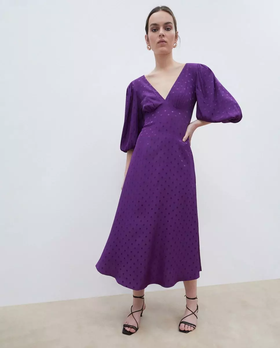 el corte Inglés pearse satyn midi-jurk mei pofmouwen en polka dots