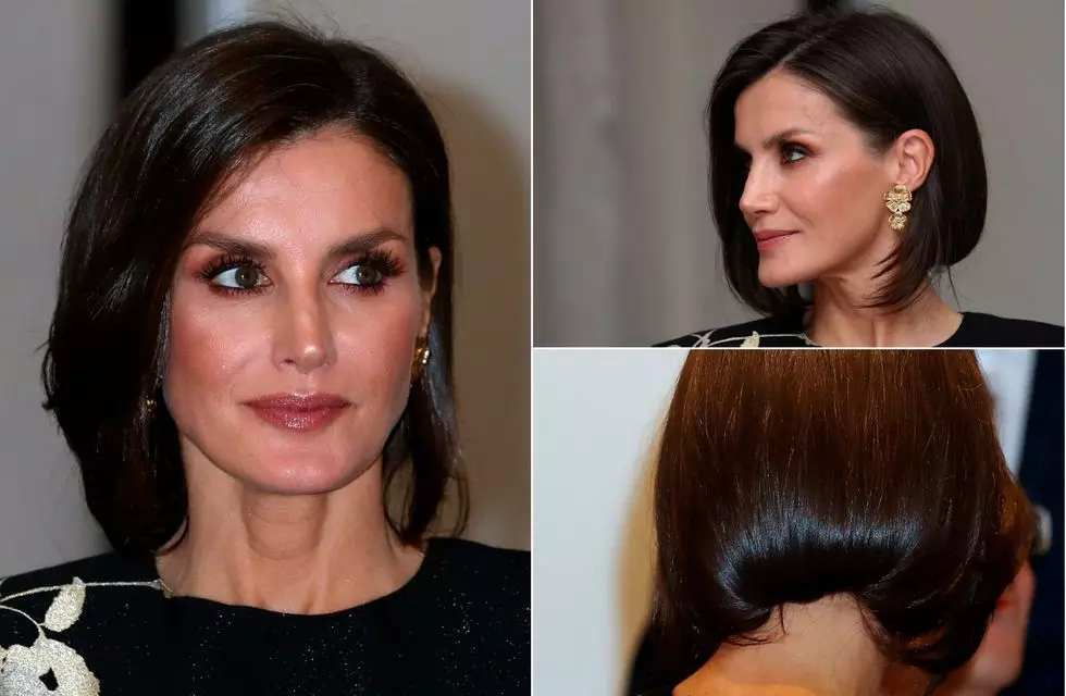 hármas képe Letizia királynőről, aki bob frizurát visel