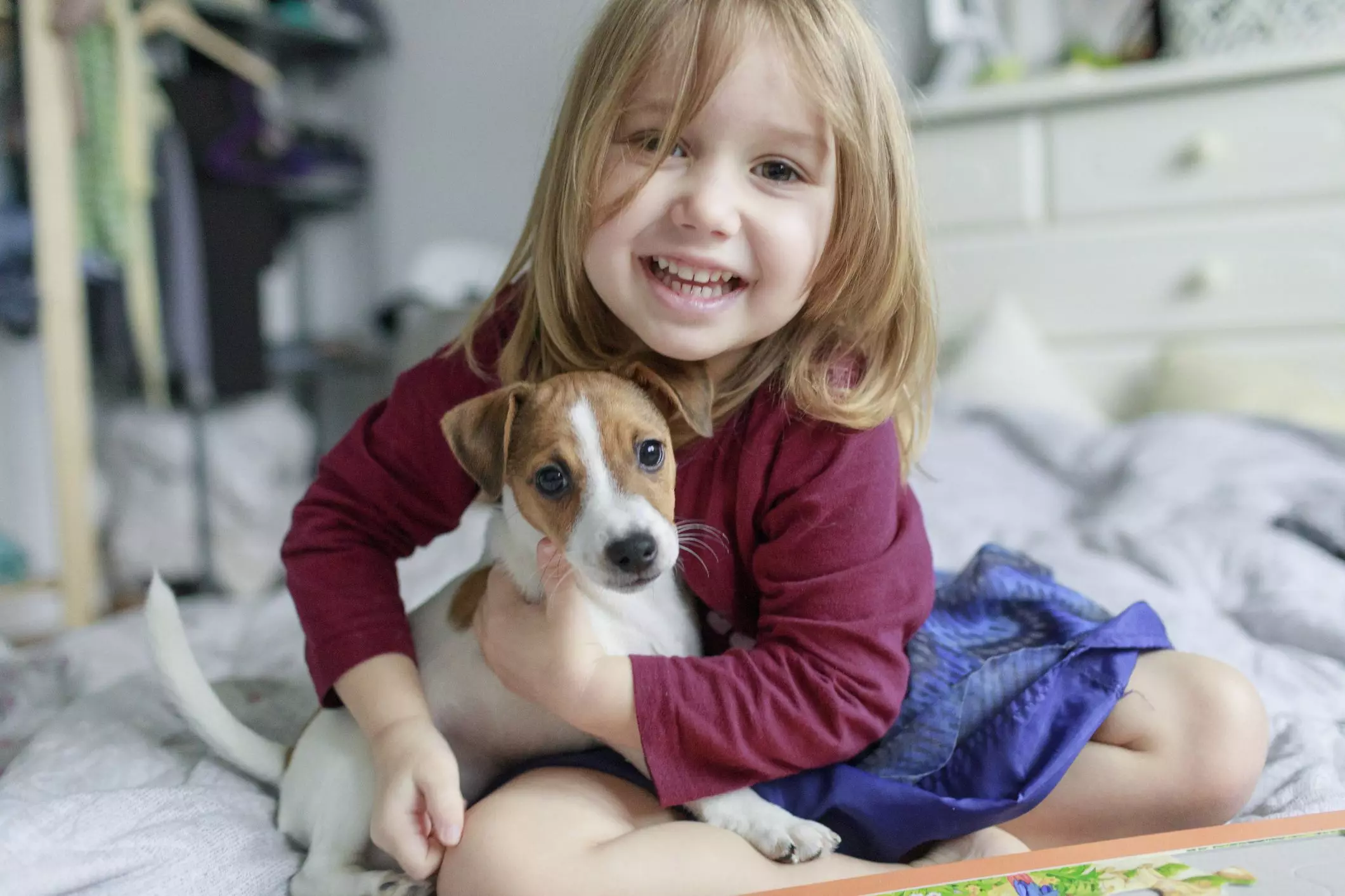 kız köpek yavrusu yatakta sarılma