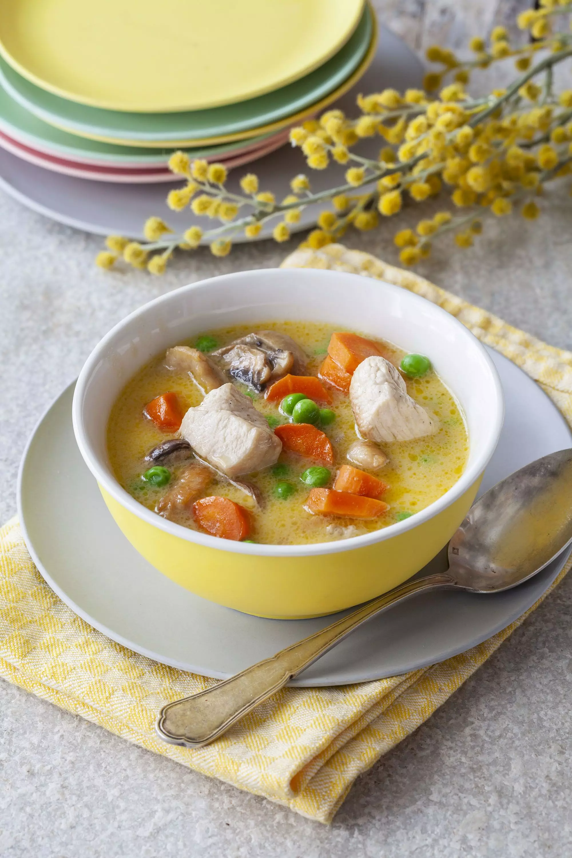 gelbe Schüssel mit einem Eintopf aus Huhn und Gemüse wie Karotten und Erbsen