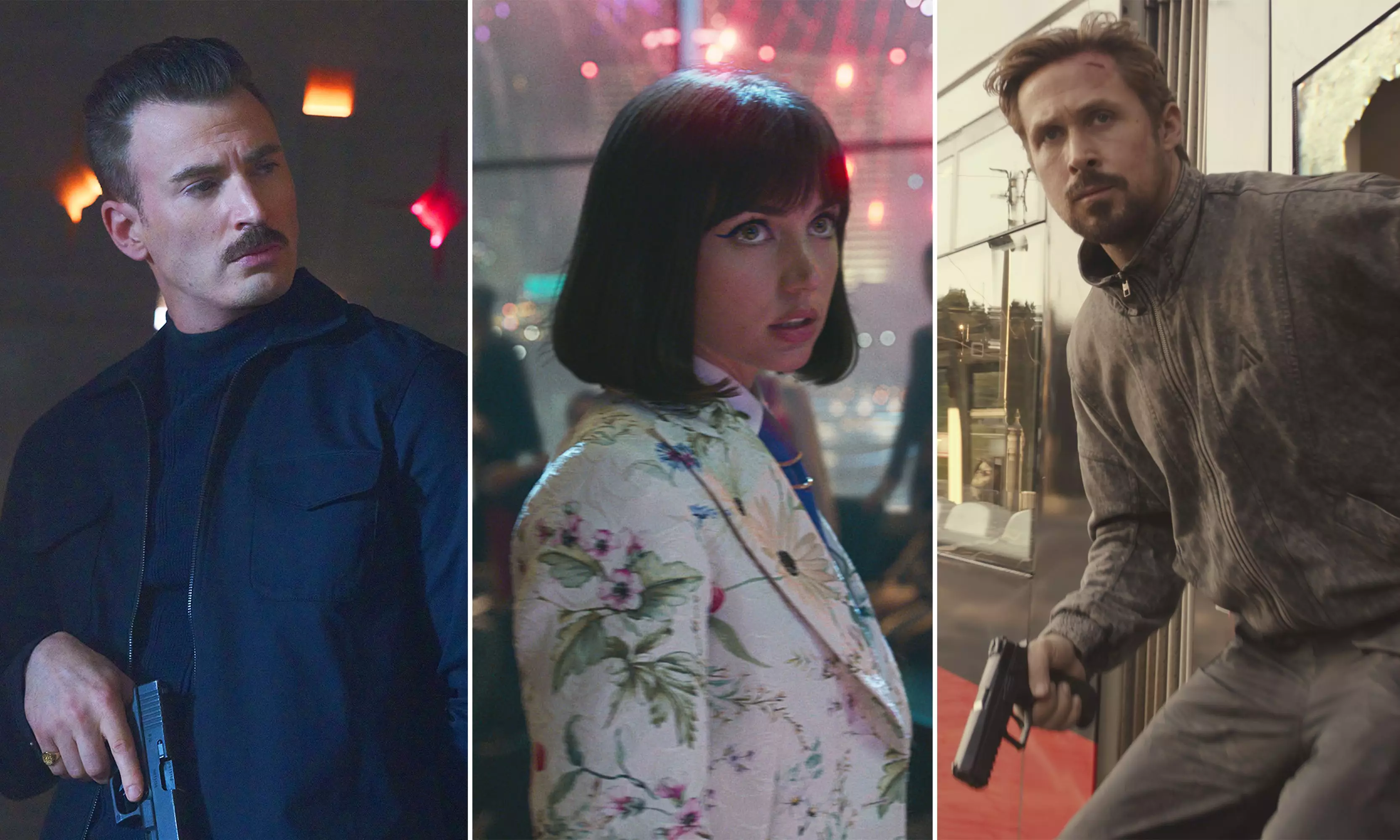 Chris Evans, Ana de Armas e Ryan Gosling em diferentes cenas de O Agente Invisível