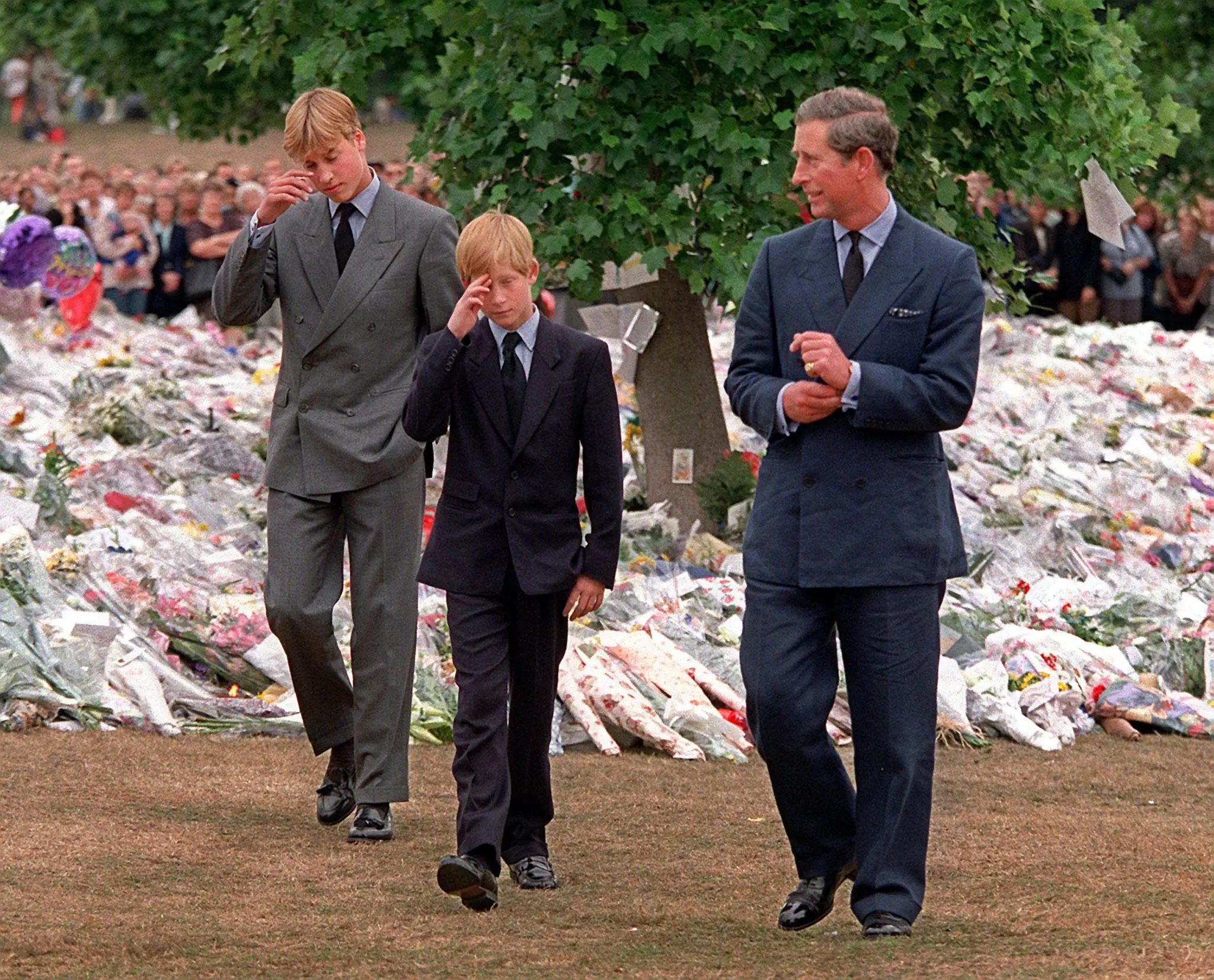 Prince Charles accompanying his children, Harry and William, at the funeral of Lady Di